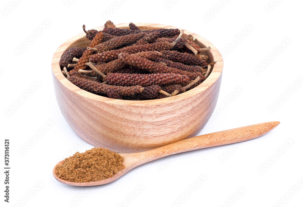 Dry Idian long pepper ( Piper Longum ,Piper retrofractum ) in wooden ...