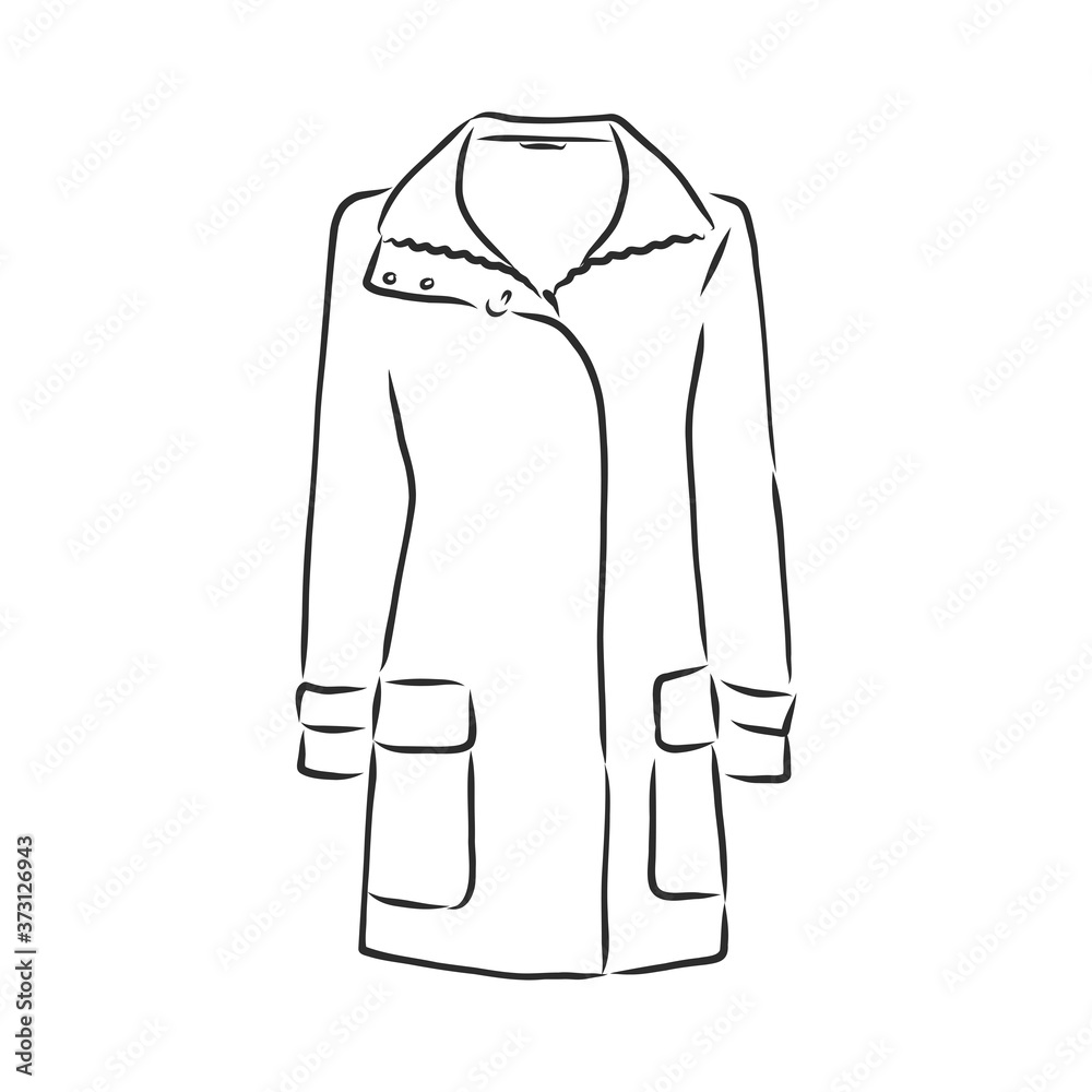 Raincoat. Monochrome sketch, hand drawing. Black outline on white ...