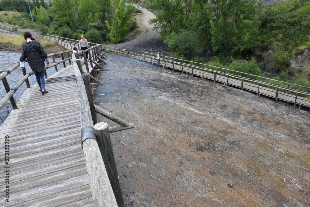 People visiting the site of ichnites (dinosaur footprints) of La Virgen ...