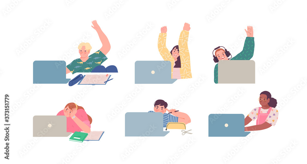 Diverse children character set using laptop computer for virtual school ...