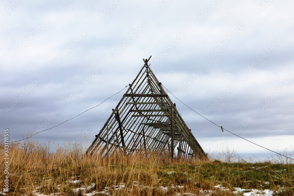 Traditional norwegian fish drying wooden racks hjell for drying cod as ...