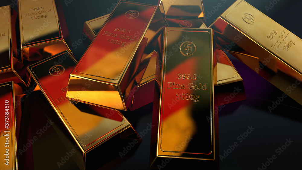 Gold bars with reflection of the German flag. Beautiful pile of ingots ...