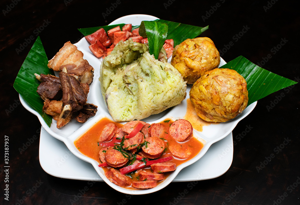 Foto de Stock Peruvian food, Amazonian dish jerky, chorizo, juane ...