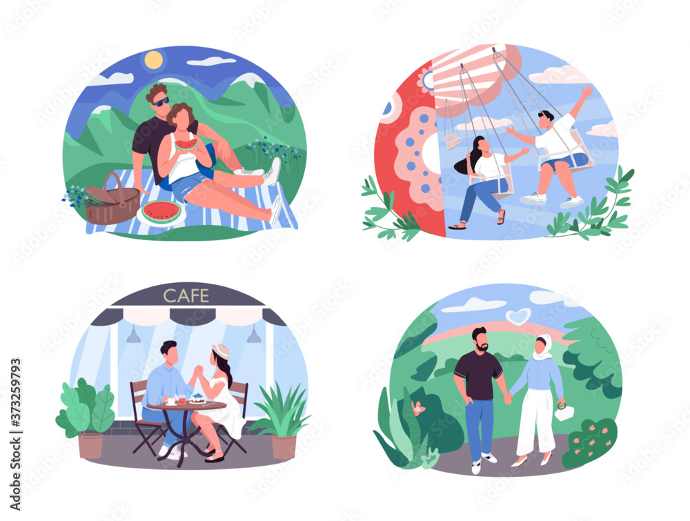 Daytime activity for couples 2D vector web banner, poster set. Romantic ...