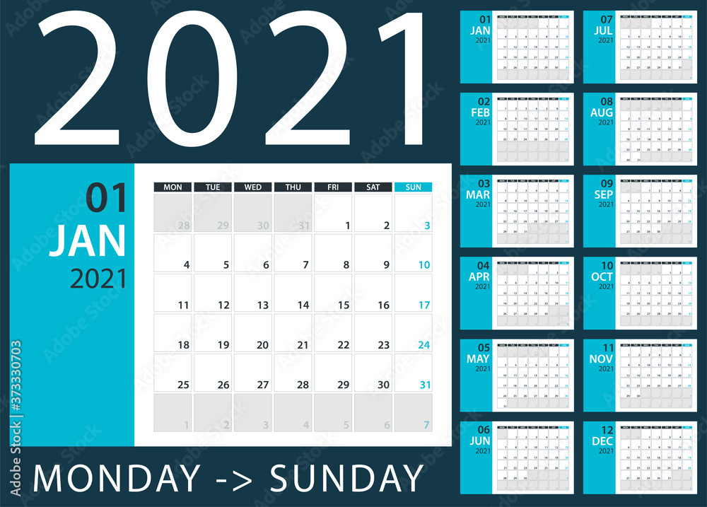 2021 Calendar Planner - vector illustration. Template. Mock up. Stock ...