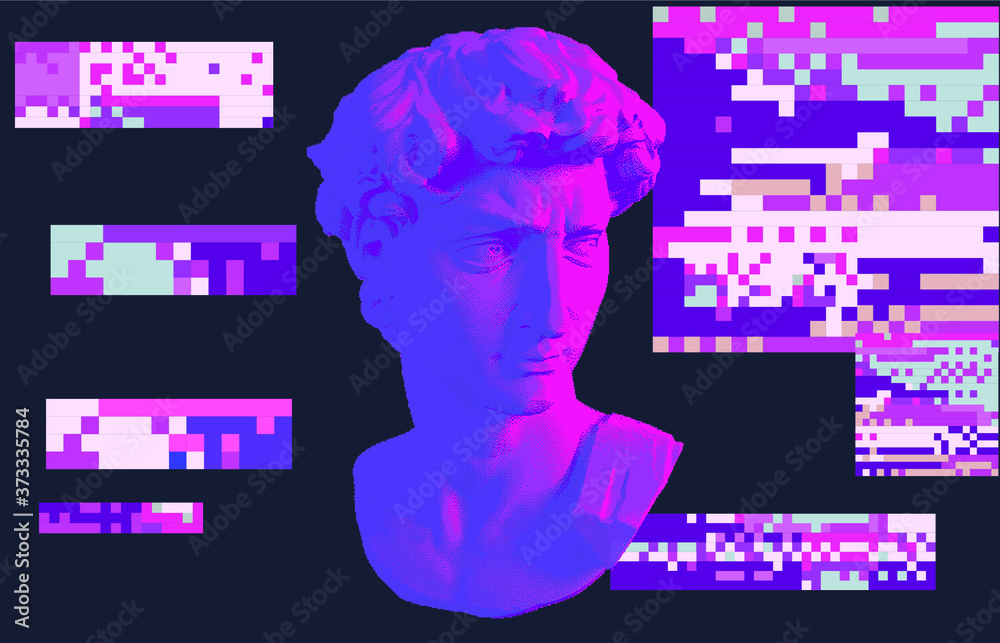 Cyberpunk-style collage with plaster 3D head and pixel artifacts ...