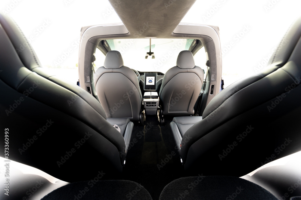 The interior of a full-sized, all-electric, luxury, crossover SUV Tesla ...