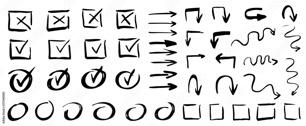 Vector checklist marks icon set. Hand drawn strokes and pen markings V ...