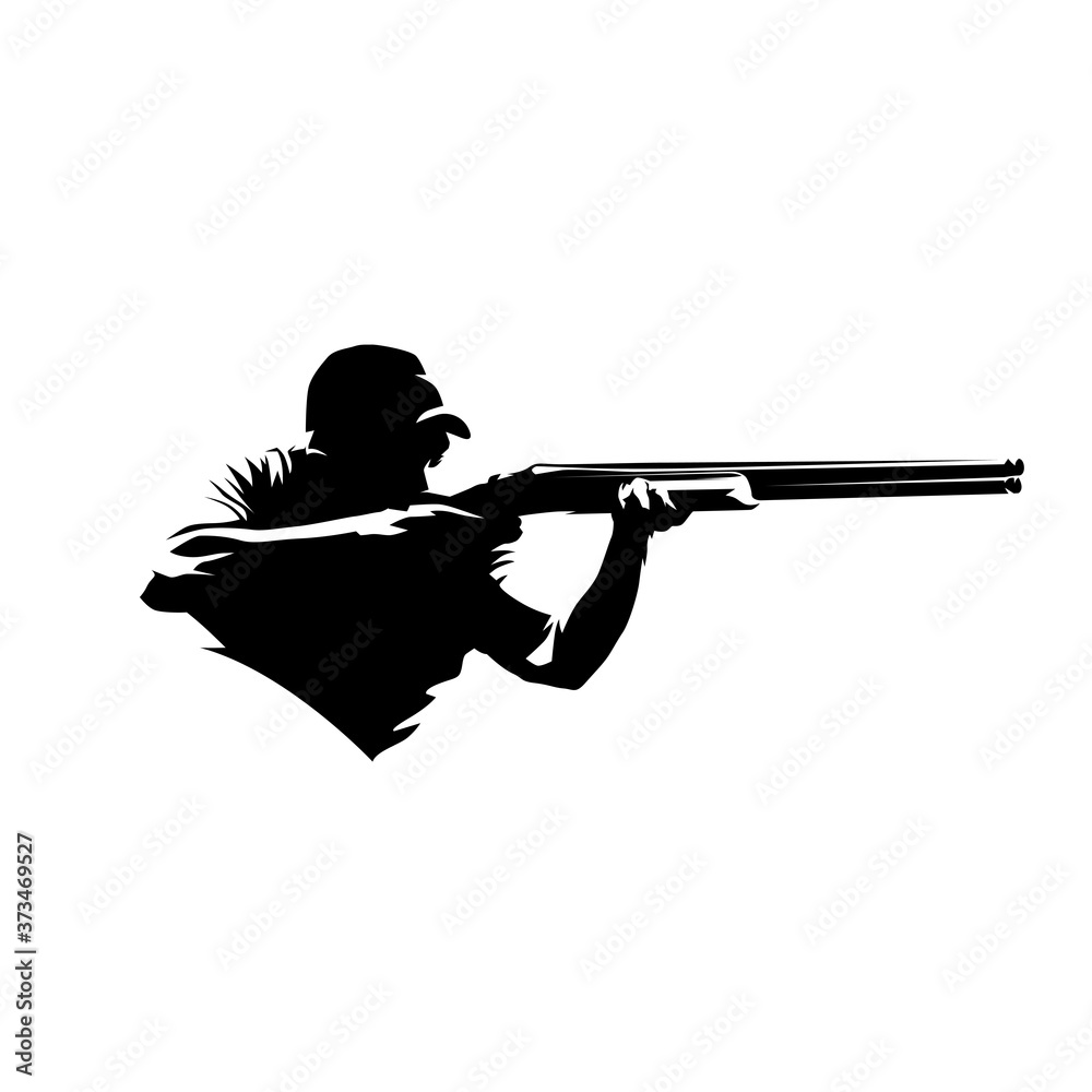 Trap shooting, aiming athlete with gun, isolated vector silhouette. Ink ...