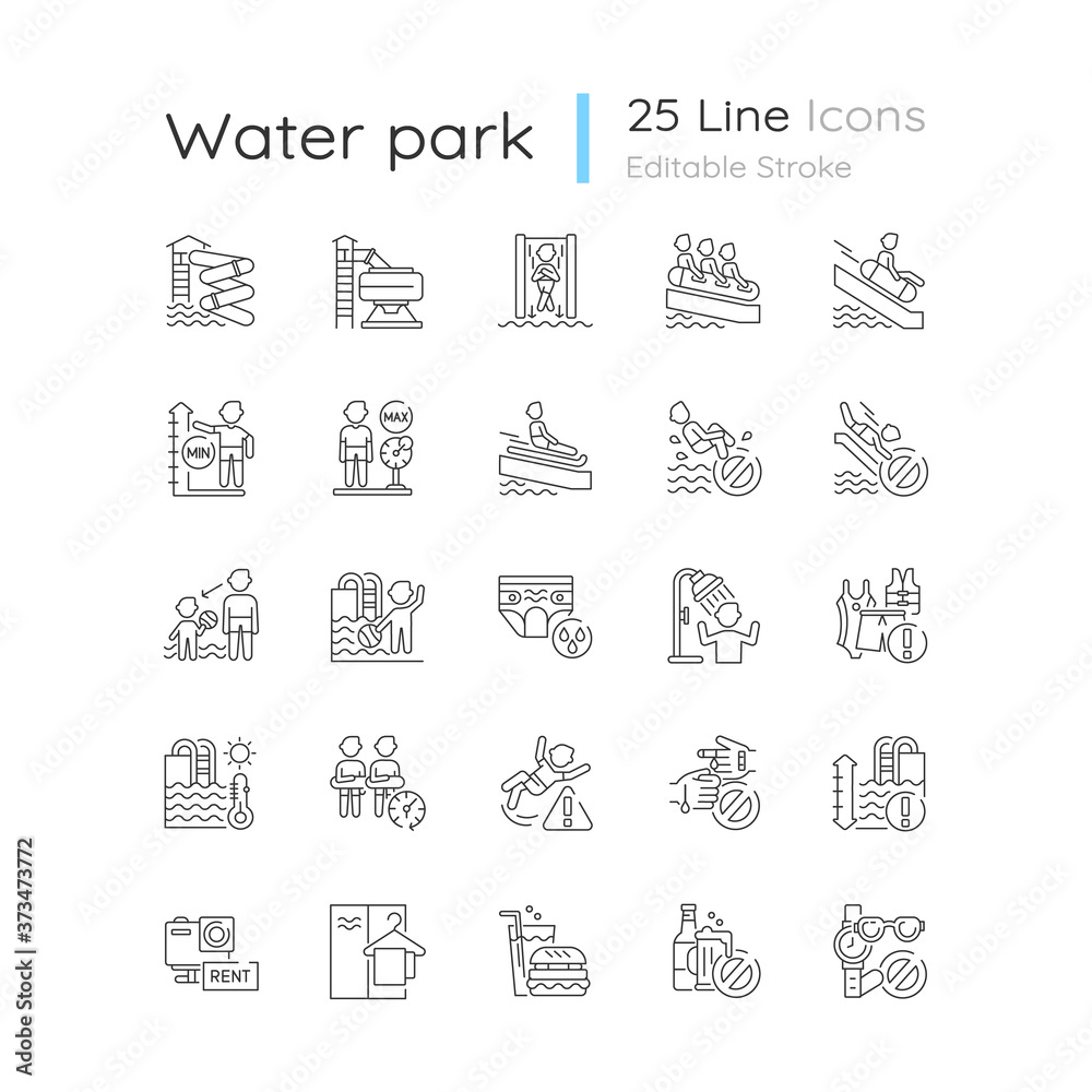 Water park linear icons set. Aquatic play area customizable thin line ...