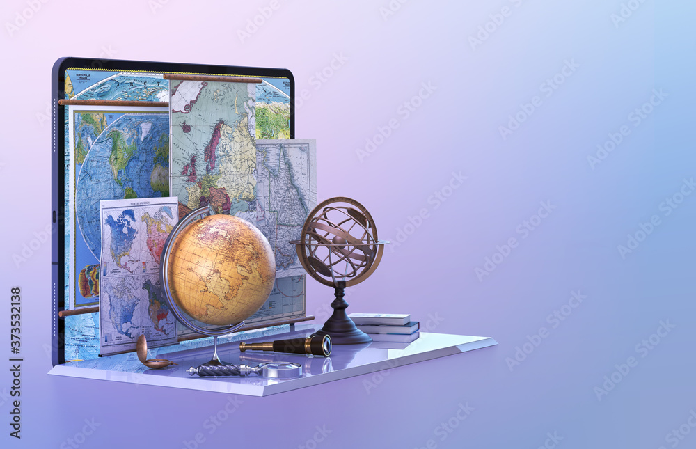 Distance learning, online education, back to school concept. Geography ...