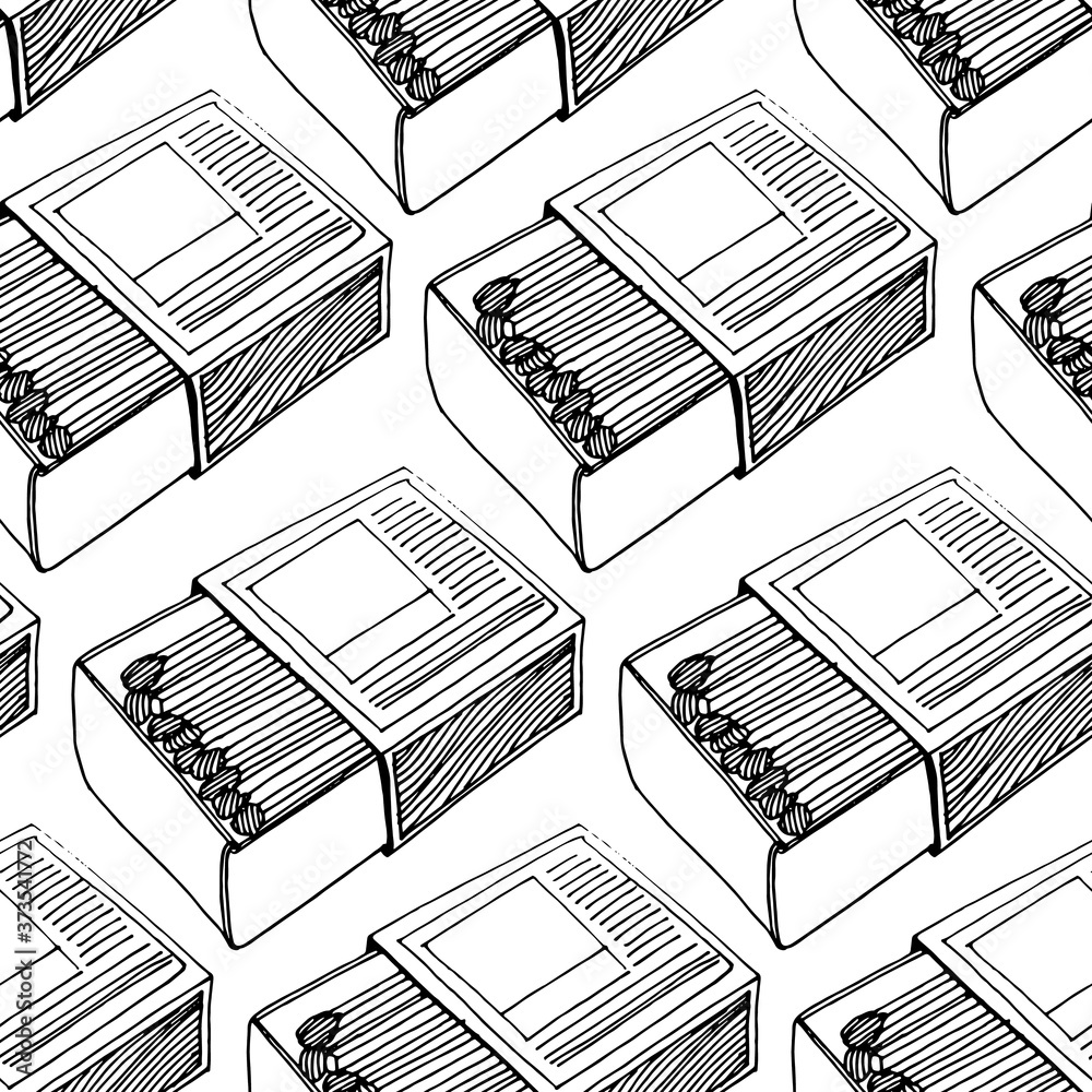 Seamless background with boxes of matches. Hand-drawn graphical black ...