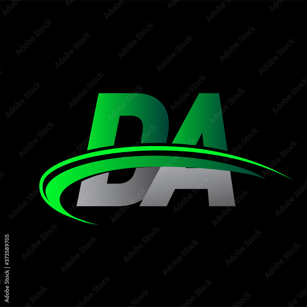 initial letter DA logotype company name colored green and black swoosh ...