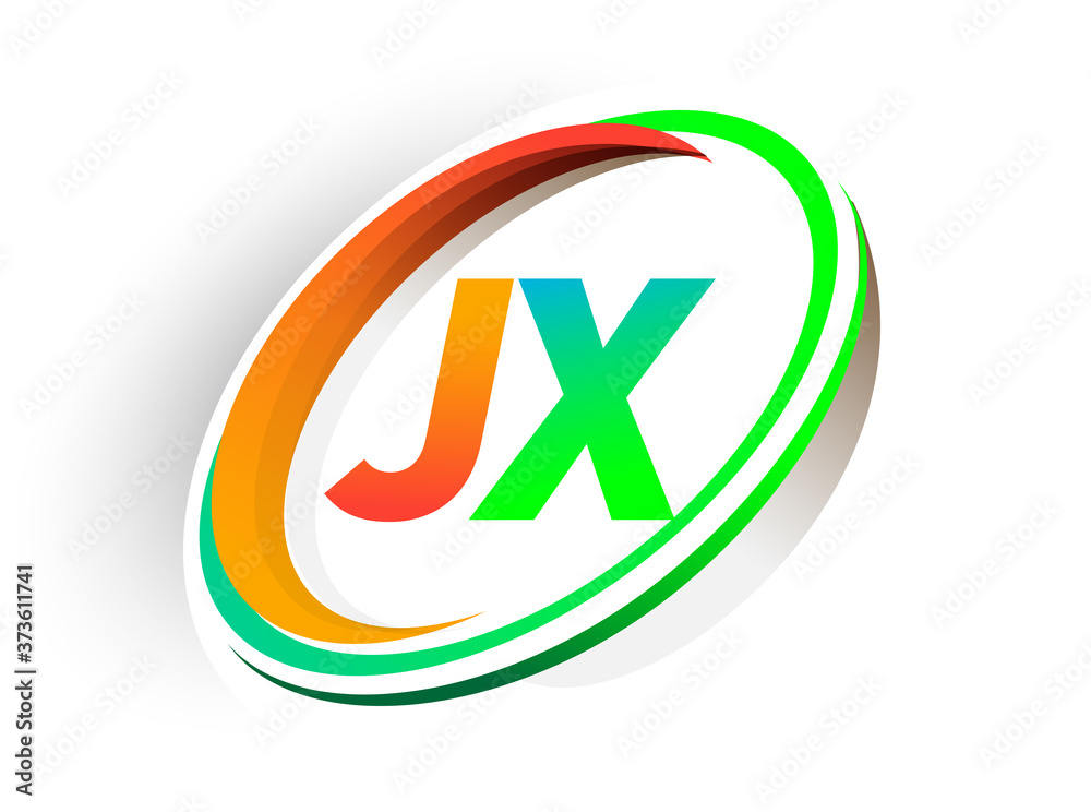 initial letter JX logotype company name colored orange and green circle ...