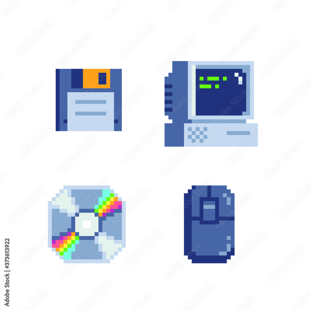 Old school computer icons set. Pixel art style. Stickers design. Video game 8-bit sprite. Retro ...
