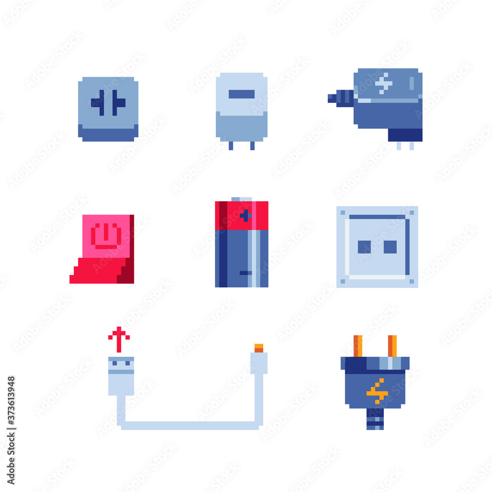 Chargers pixel art icons set, battery, charger, socket, plug ...