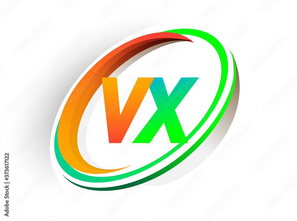 initial letter VX logotype company name colored orange and green circle ...