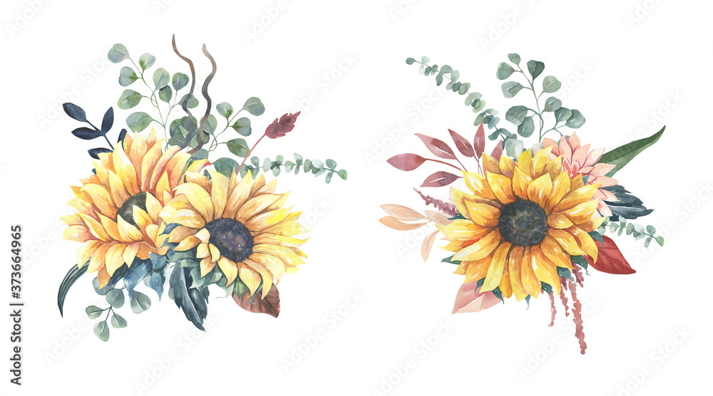 Watercolor hand painted floral sunflower bouquets.Watercolor floral ...