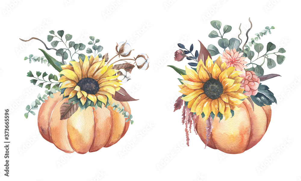 Watercolor hand painted floral sunflower bouquets with pumpkins ...