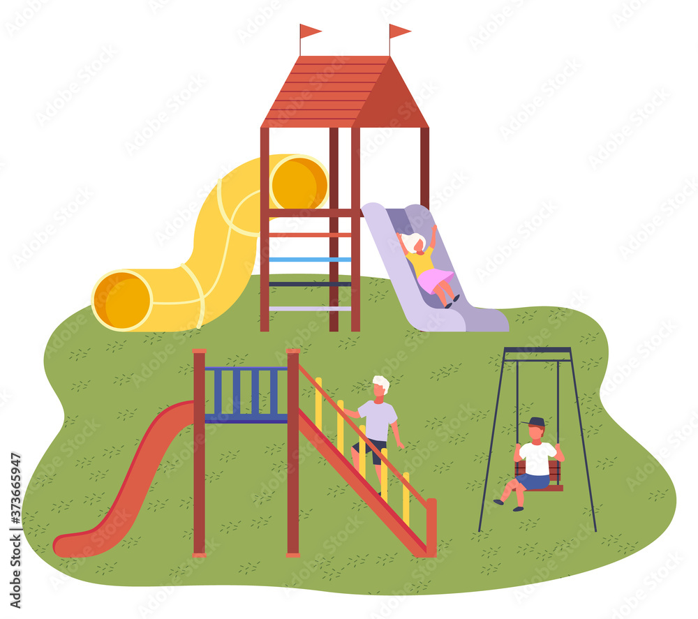 Cute happy cartoon kids playing in playground on the backyard. Children ...