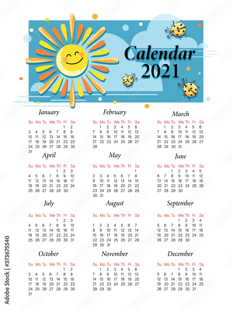 Cartoon sun, ladybird. Calendar template 2021. Vector cartoon character ...
