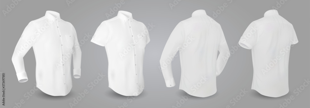 White male shirt with long and short sleeves and buttons in front, back ...