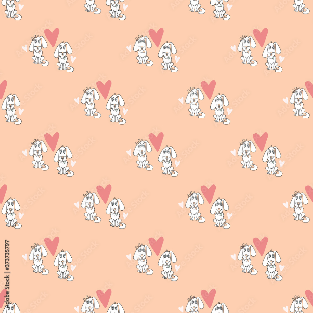 Seamless background with cute pets. A pair of white dogs in love with ...