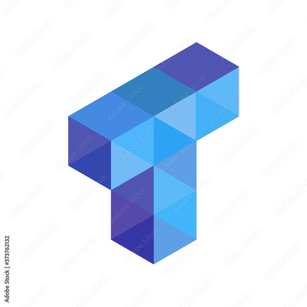 T letter logo symbol. Cubes lined up in space. Rows forming a line ...