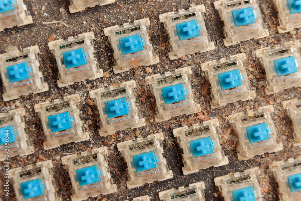very dirty keyboard. Cat hair, bread crumbs and dust have accumulated ...