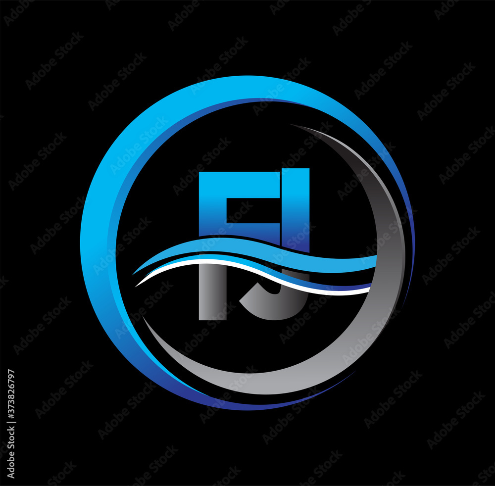initial letter logo FJ company name blue and grey color on circle and ...