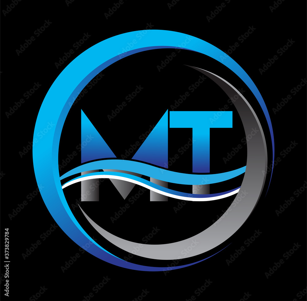 initial letter logo MT company name blue and grey color on circle and ...