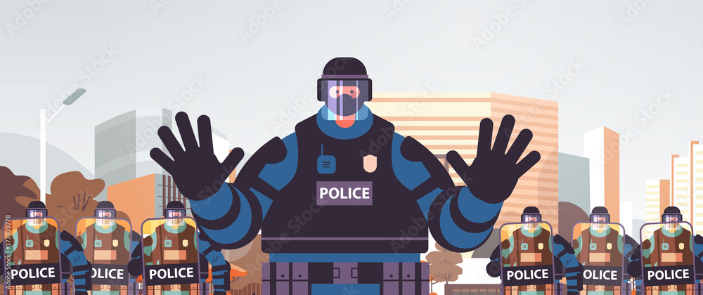 policeman in full tactical gear riot police officer showing stop ...