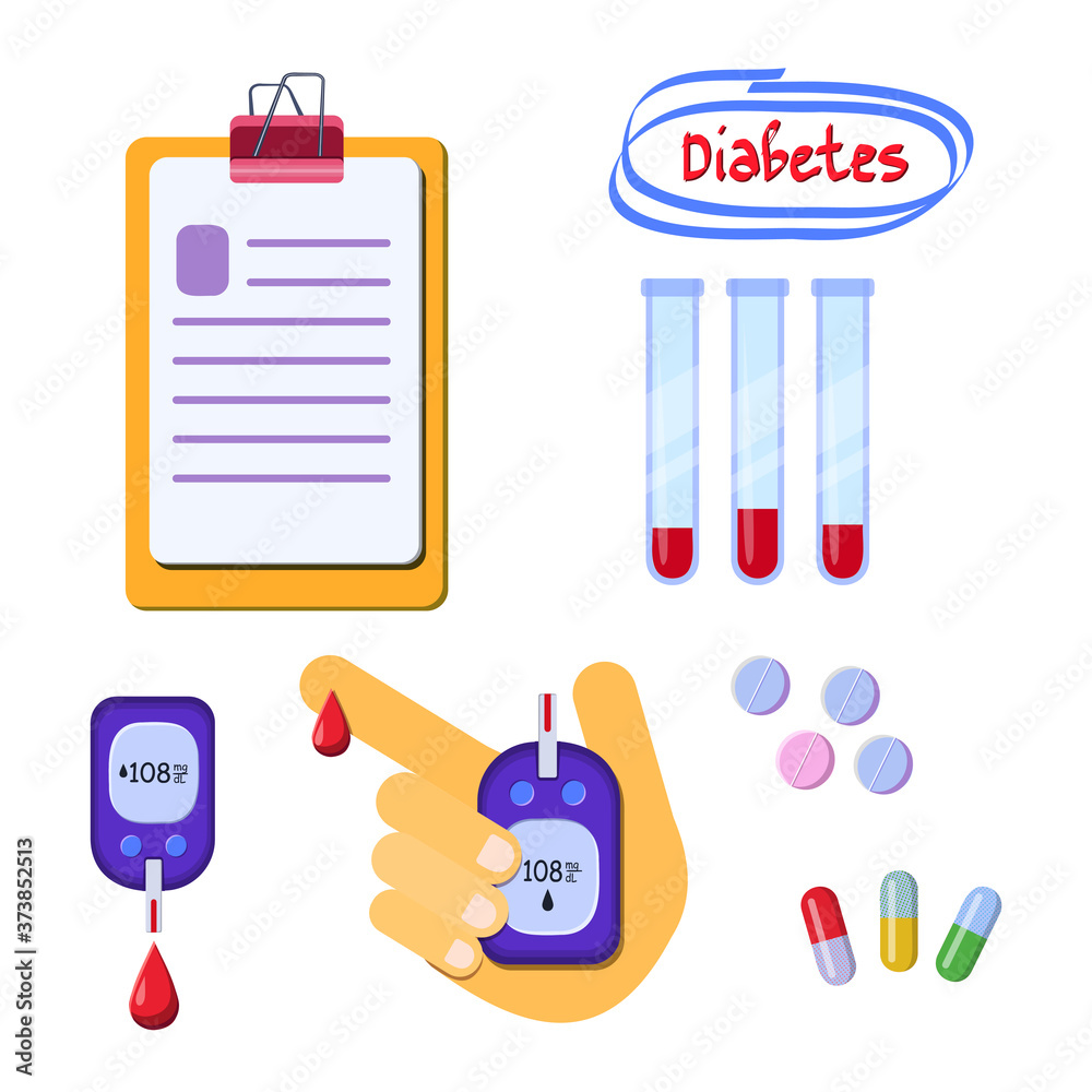 Blood glucose meter, pills, blood drop, medical chart and flasks ...