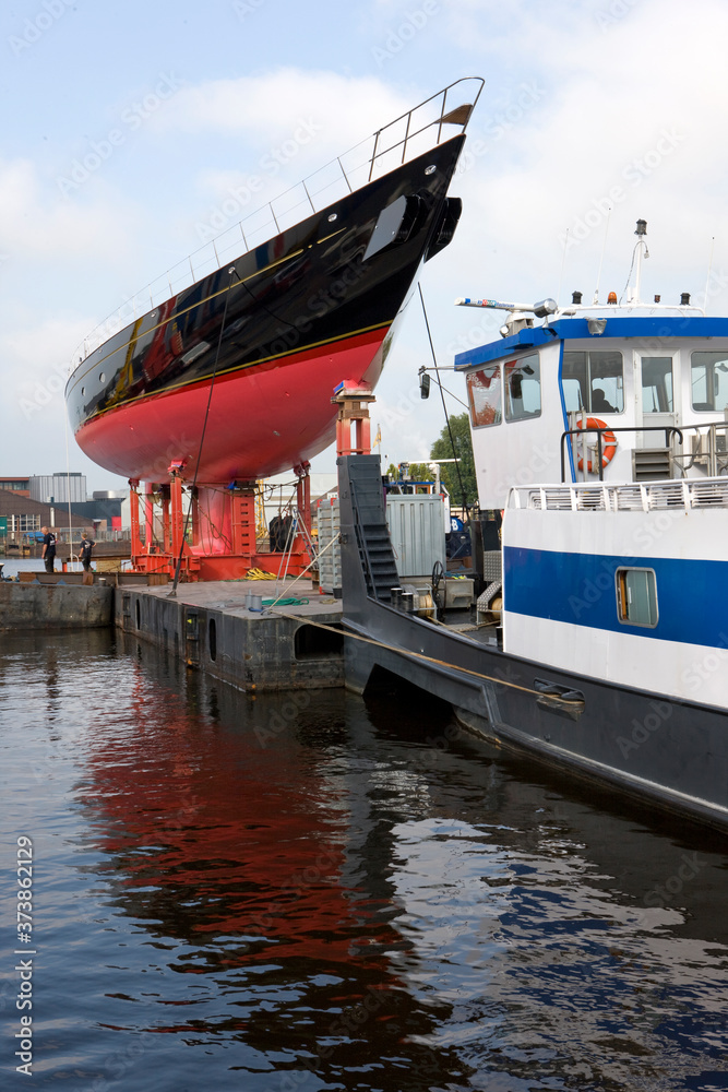 Launching of a super super sailing yacht in the harbor of Zwartsluis ...