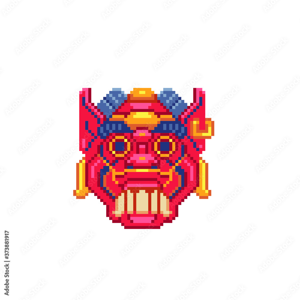 Traditional ritual mask. Barong pixel art icon. Hindu ethnic symbol ...