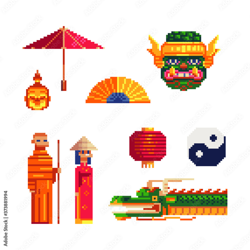 Culture asia. China country pixel art 80s style icons set. Man and ...