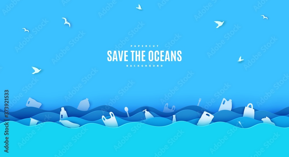 Stop ocean plastic pollution banner design template in paper cut style ...