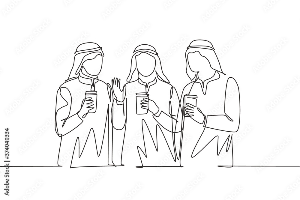 One single line drawing of young muslimah girls walking together with ...