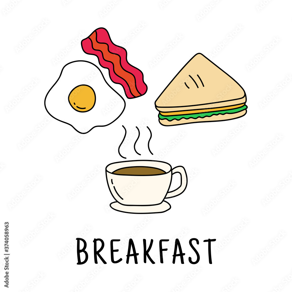 Breakfast foods cartoon illustration in cute hand drawn style such as ...