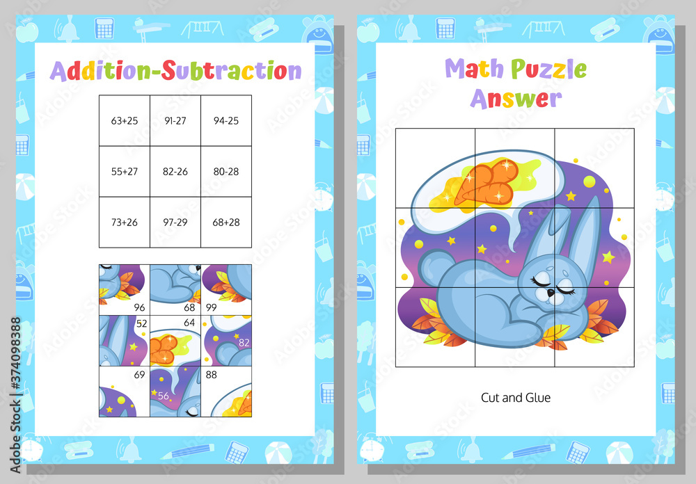 Addition, Subtraction Math Puzzle Worksheet. Educational Game ...