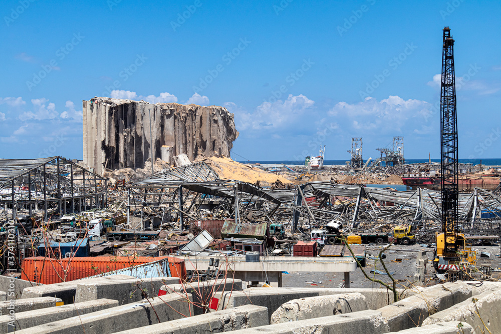 Aftermath of Lebanon Beirut port explosion, featuring a damaged grain ...