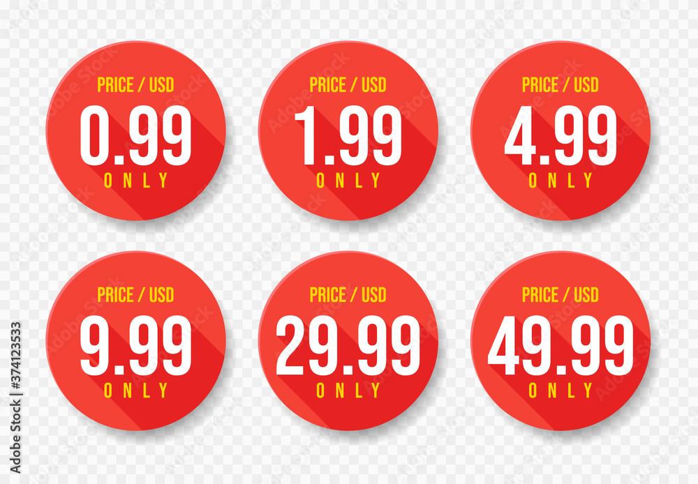 Red USD Price stickers set. Sale 0.99 1.99 4.99 9.99 29.99 and 49.99 ...