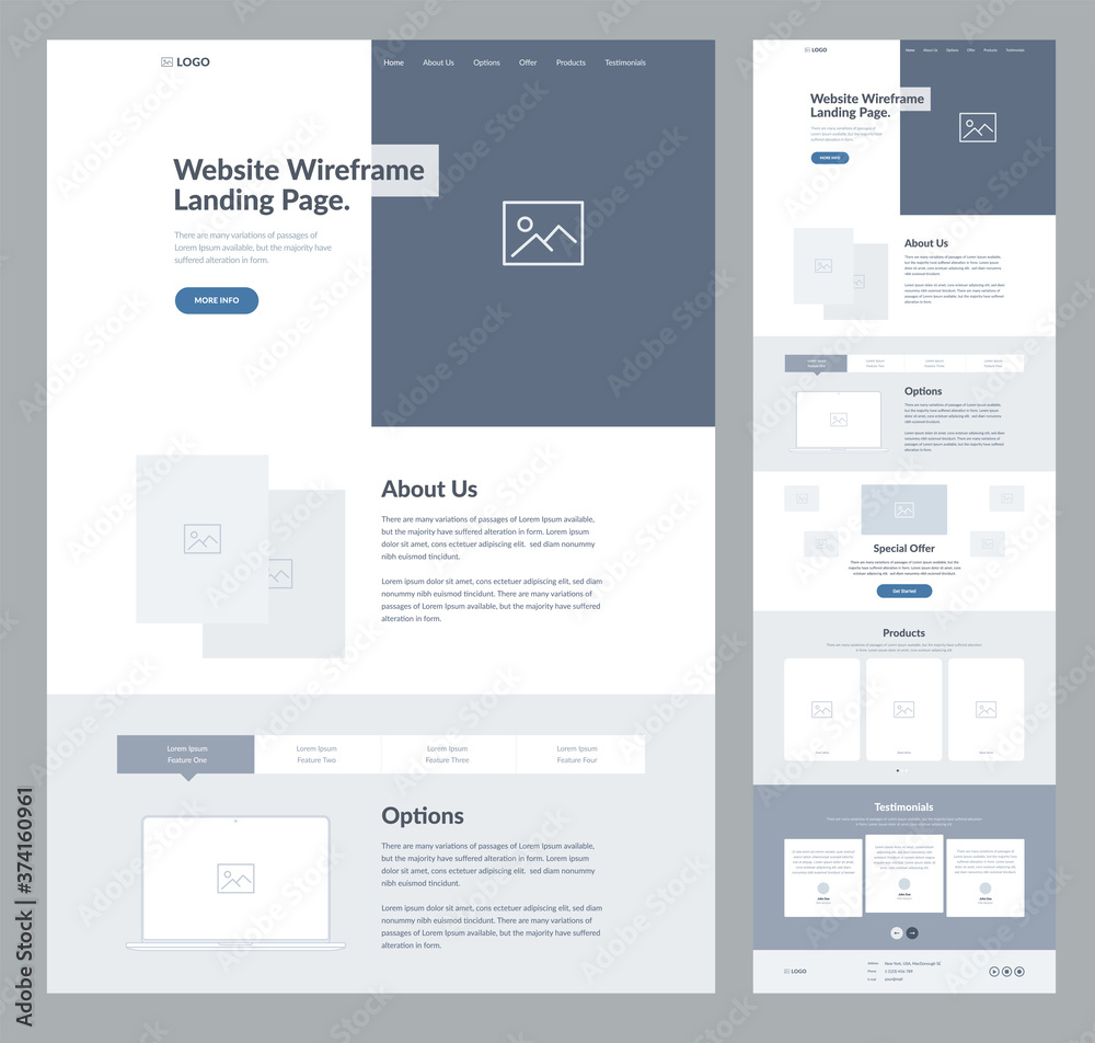 Website landing page wireframe design for business. One page site ...