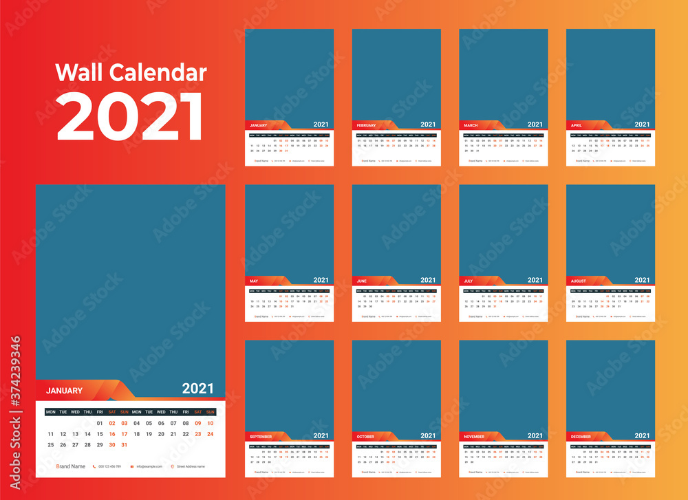 Wall calendar template for 2021 year.Week Starts on Monday Stock Vector ...