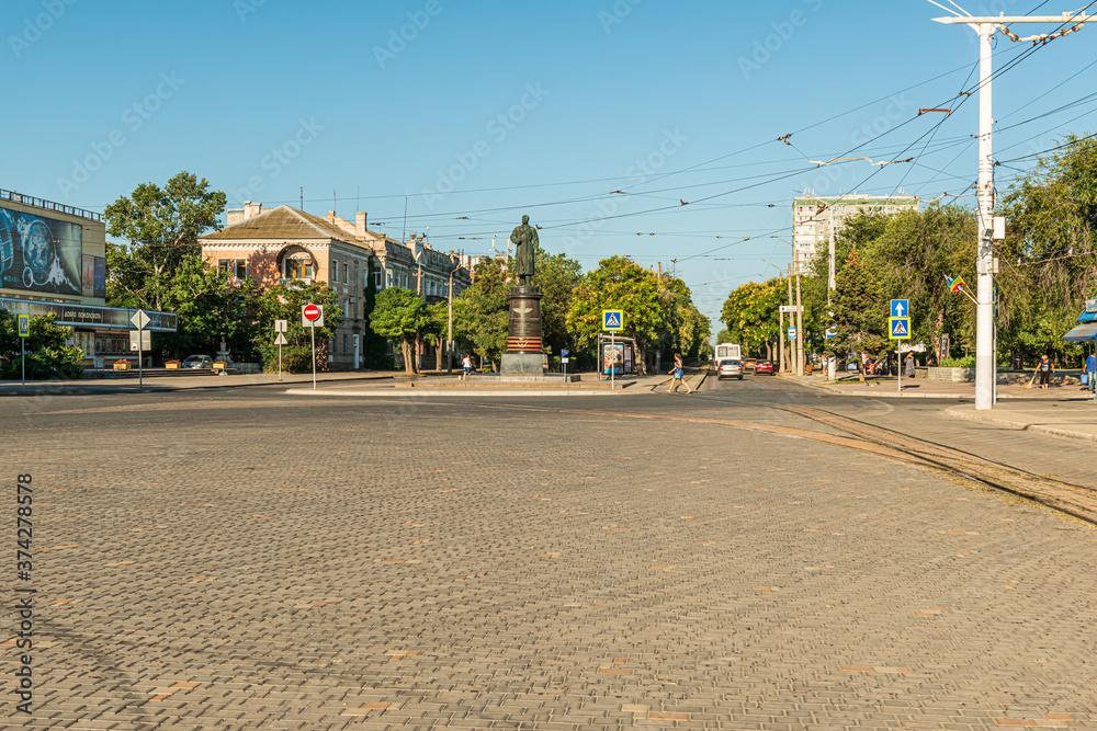 Crimea city of Yevpatoria theater square with a monument to Tokarev N ...