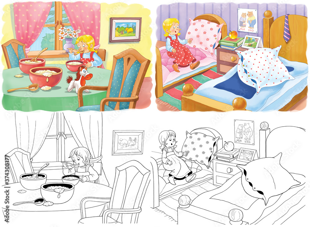 Goldilocks and the three bears. Fairy tale. Four pictures from series ...