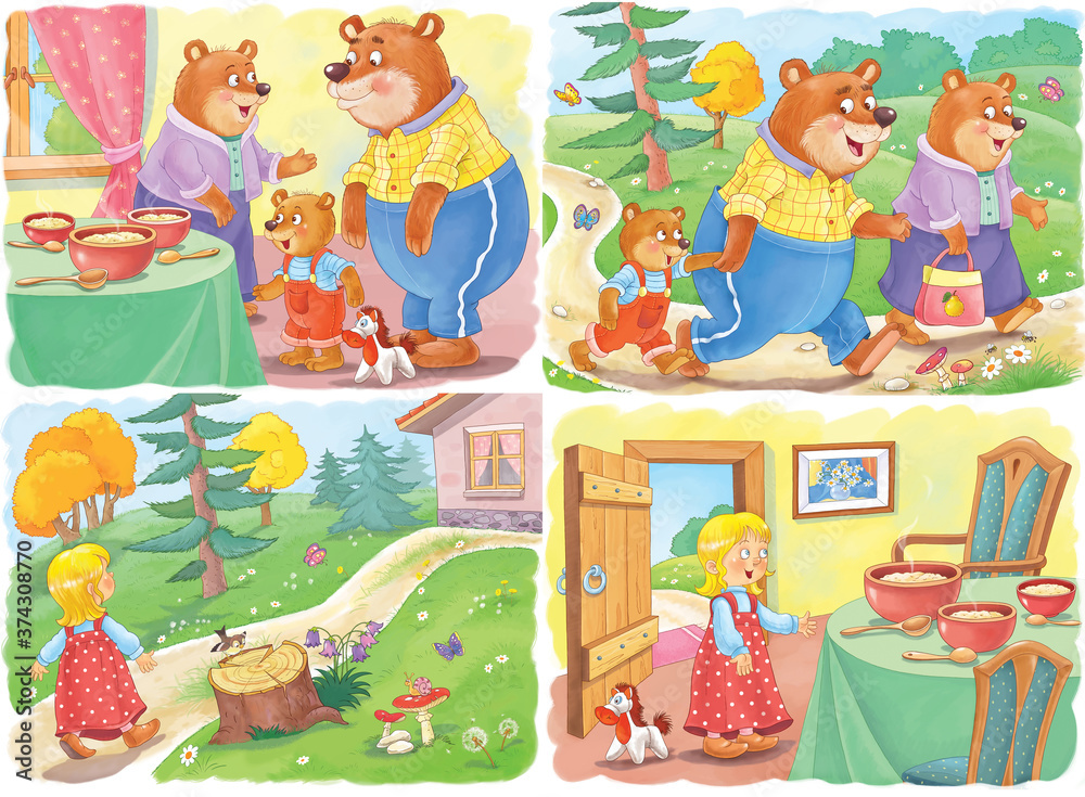 Goldilocks and the three bears. Fairy tale. Four pictures from series ...