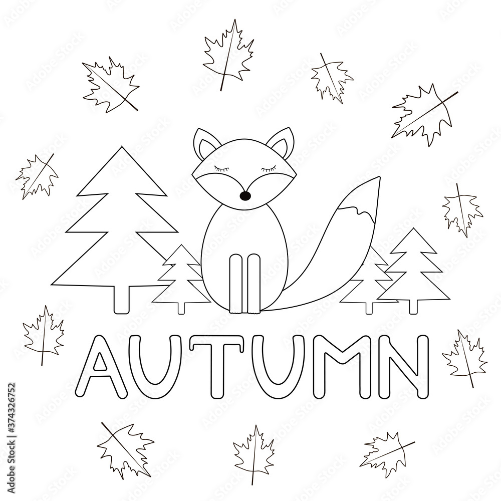 Autumn coloring page with cute fox. Stock Vector | Adobe Stock