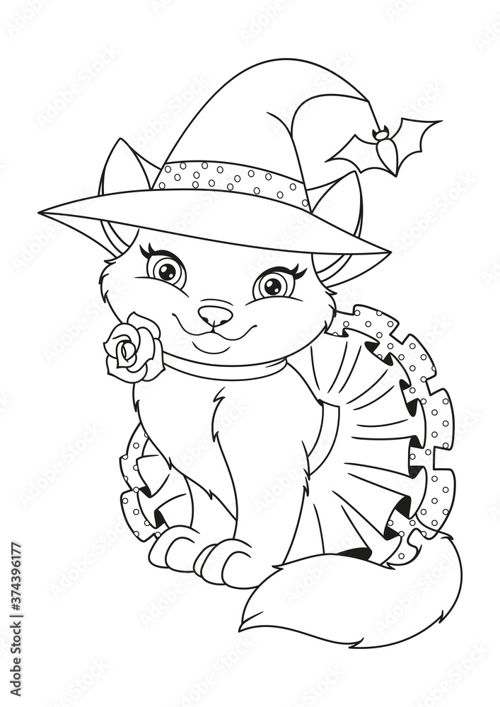 Cat Dressed as Halloween Witch Coloring Page. Black and white cartoon ...