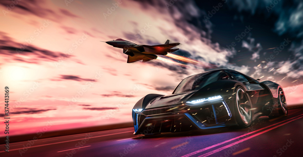 Futuristic sports car racing with fighter jet on dramatic cloudy ...